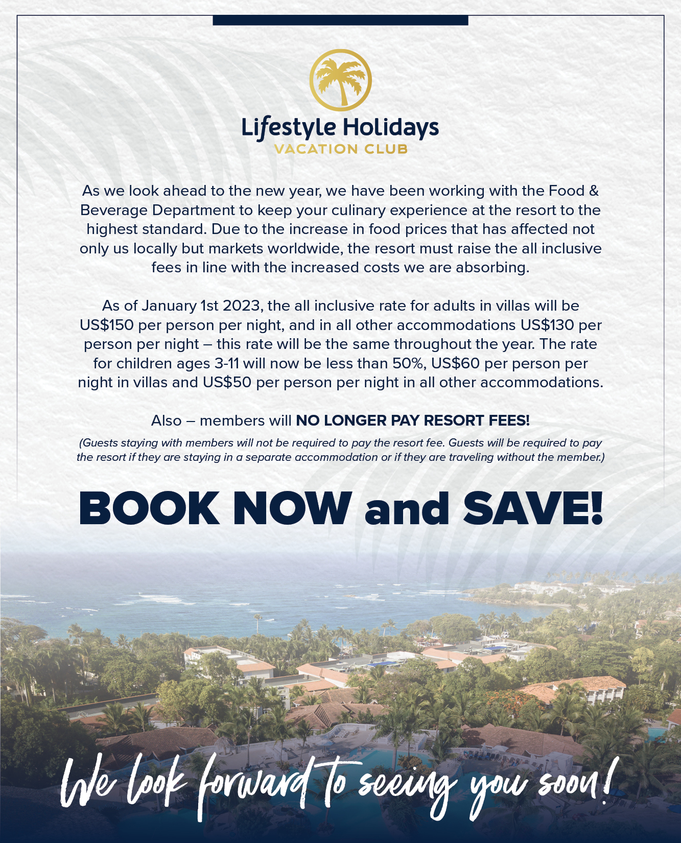 All-Inclusive Increase and Resort Fees Waived 2023 – Chairman's Circle Club